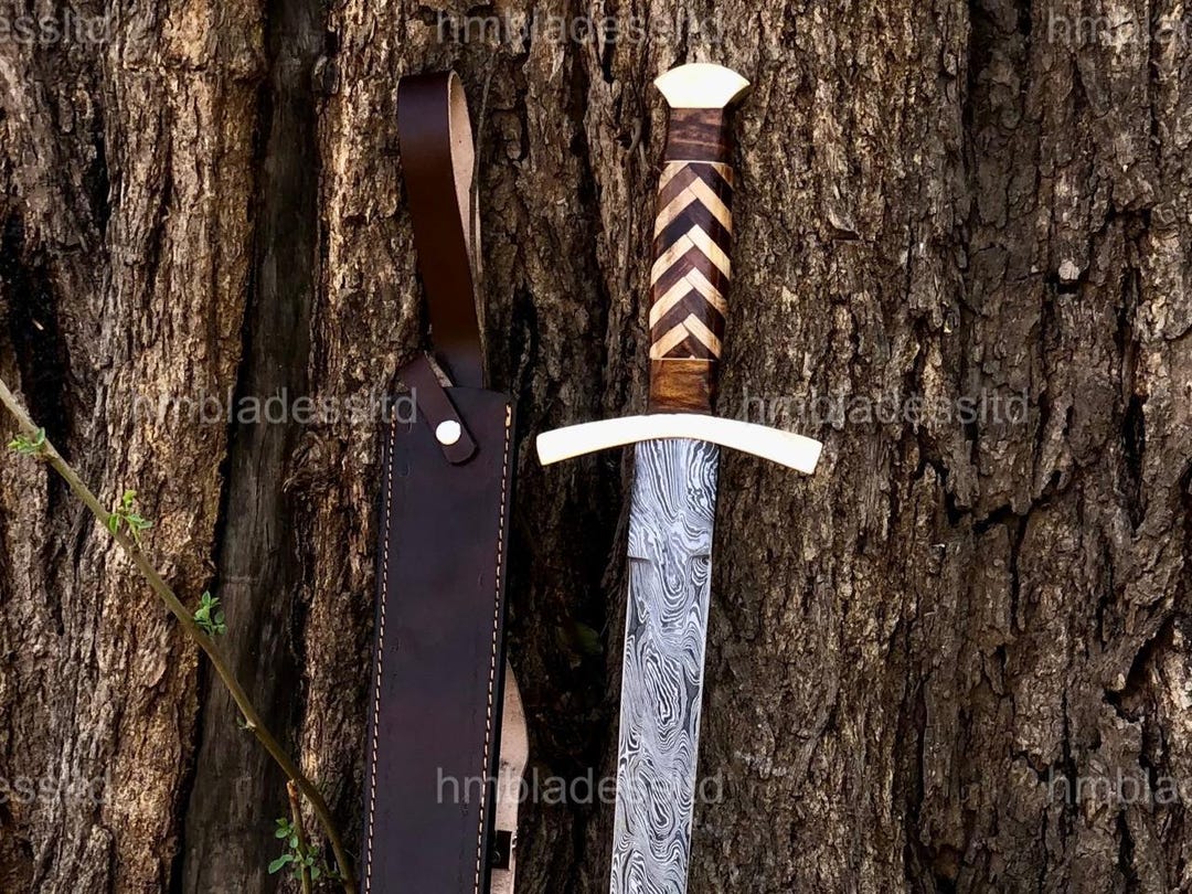 Real Medieval Viking Damascus Steel Handmade Sword With Leather ...