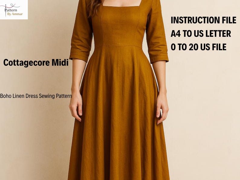 Chic Boho Linen Dress Sewing Pattern (PDF) – Cottagecore Midi, Sizes XS ...