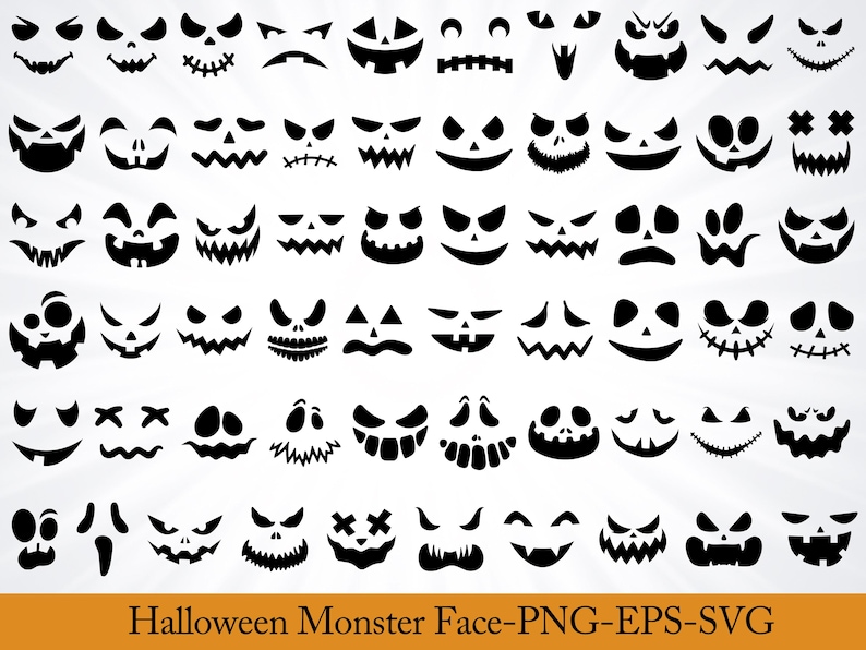 Halloween Monster Pumpkin Face Svg Png,scary Monster Faces SVG Bundle ...