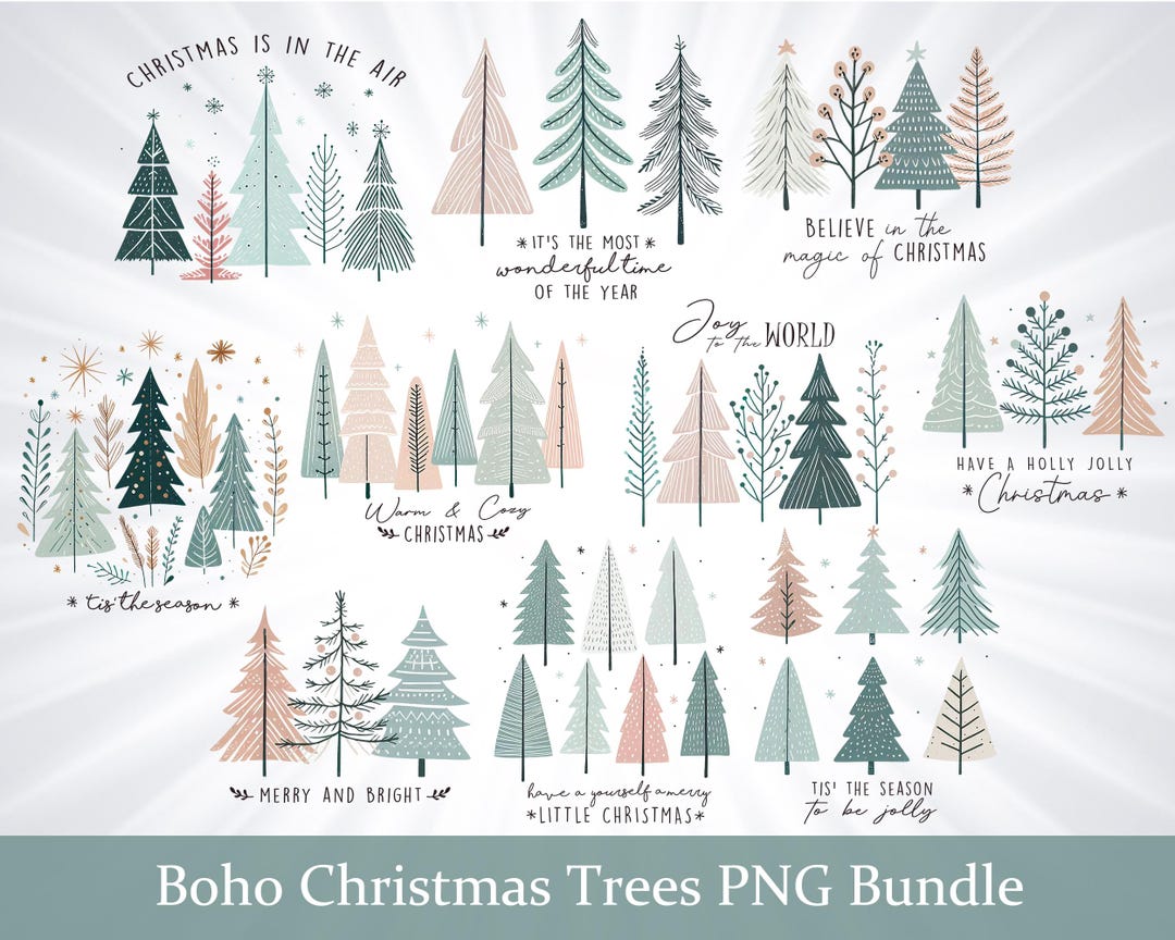 Boho Christmas Trees PNG Bundle | Boho Xmas Tree Clipart | Aesthetic ...