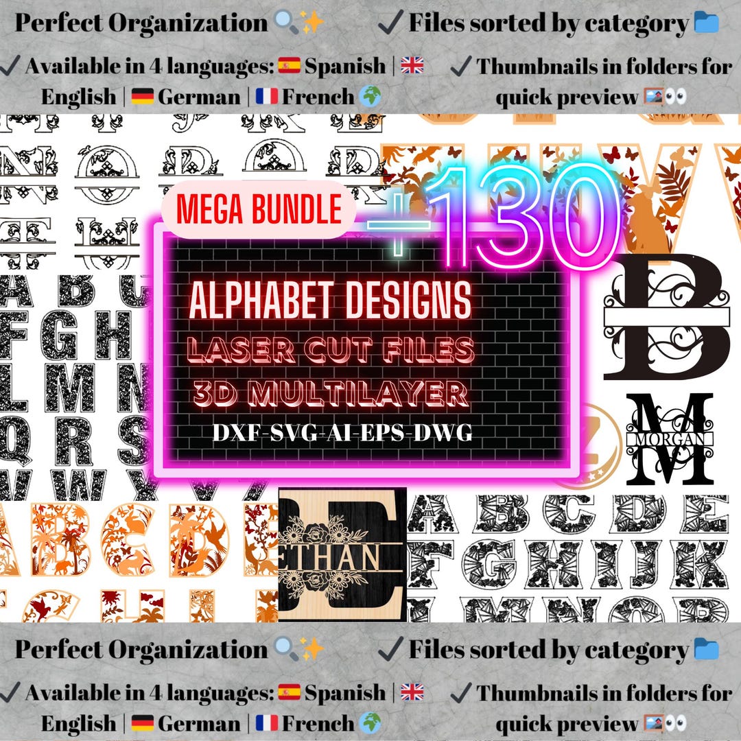Mega SVG Alphabet Pack for Laser Cutting and Engraving Vector Letters ...