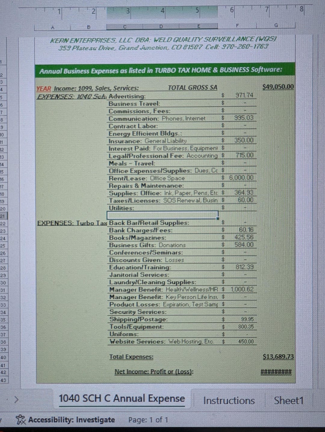 GREEN Self Employed Turbo Tax Schedule C Annual Expenses - Etsy