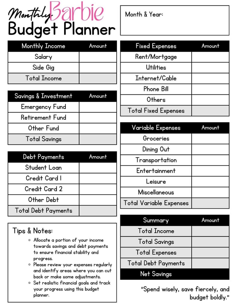 Barbie Budget Planner - Etsy
