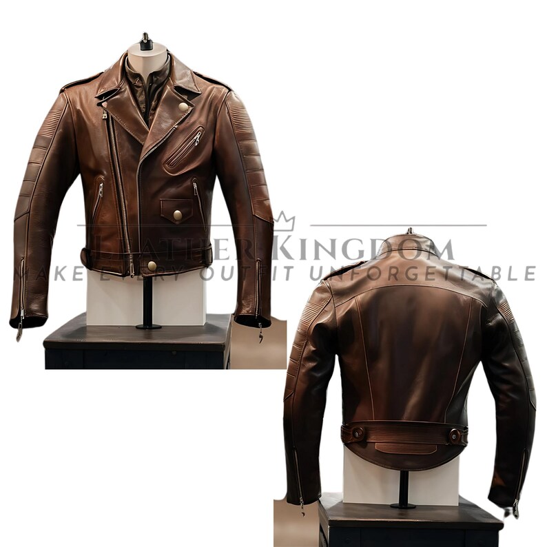 Men's Brown Leather Biker Jacket Retro Moto Style Handmade Cowhide ...
