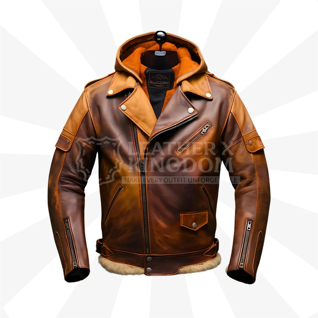 Cyberpunk Men’s Retro Vintage Rugged Warrior Hooded Leather Moto Jacket ...