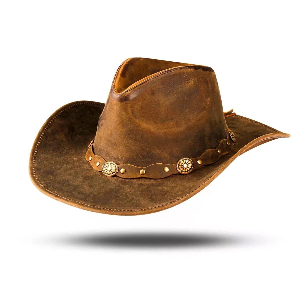 Rustic Distressed Brown Leather Cowboy Hat | Handmade Western Outback ...