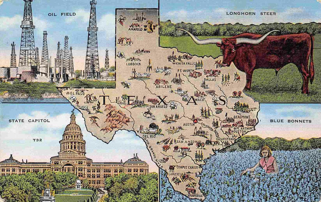 Map of Texas Longhorn Steer Blue Bonnets State Capitol Oil 1940s Linen ...