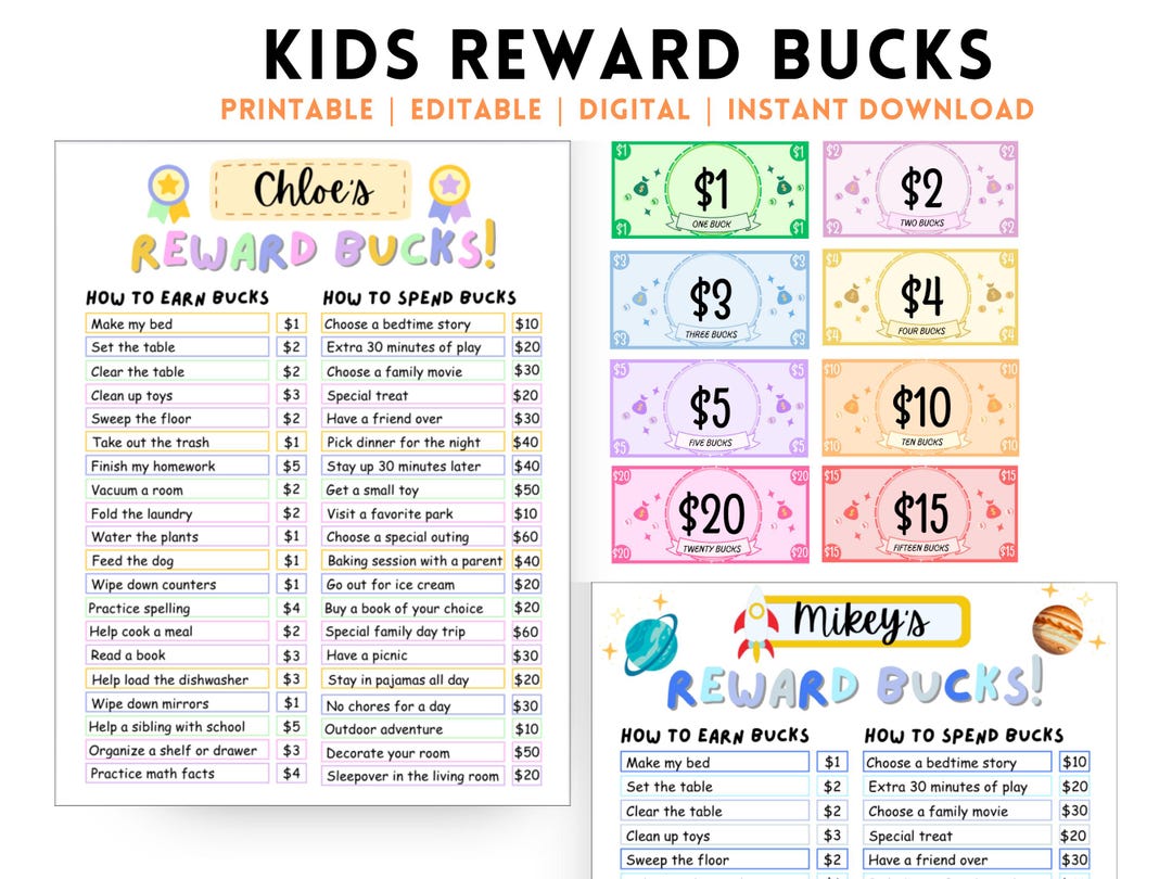 Kids Reward Bucks, Printable, Mom Bucks, Editable Kids Reward Coupons ...