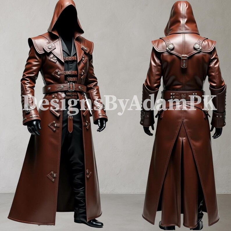 Steampunk Leather Hooded Cloak - Gothic Long Trench Coat With Buckles ...