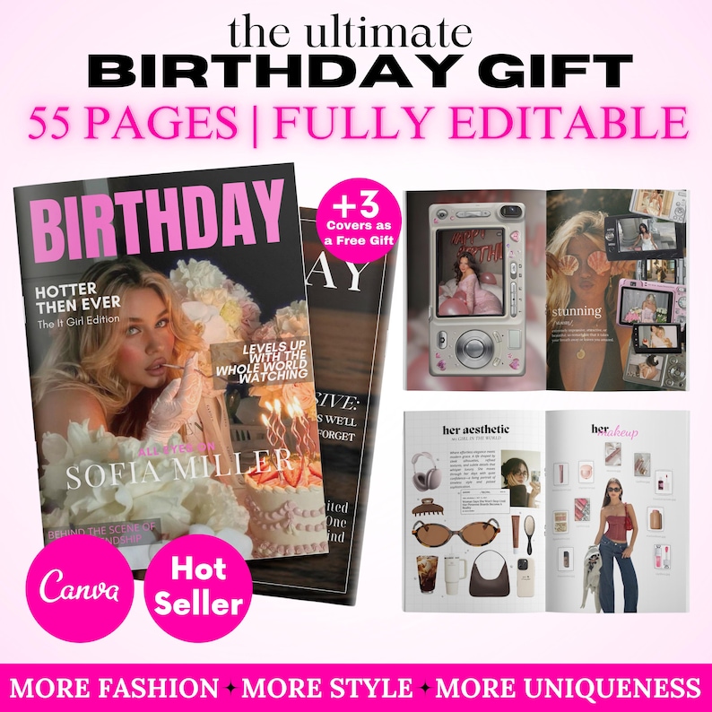 55-page Editable Birthday Magazine Canva Template - Vogue Magazine for ...