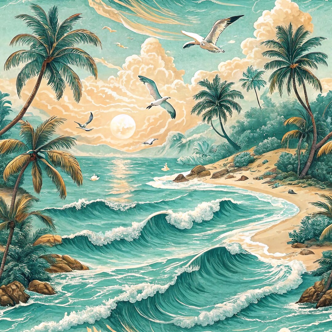 Tropical Beach Scene PNG, Seamless Ocean Wave Pattern, Digital Coastal ...