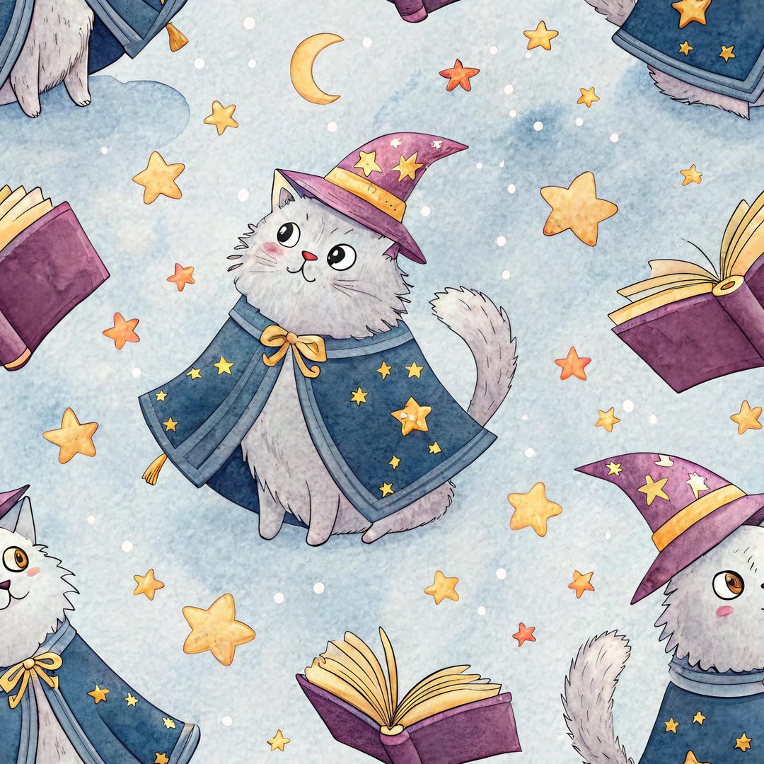 Cute Wizard Cat Seamless Pattern, Digital PNG File, Magic Cat Design ...