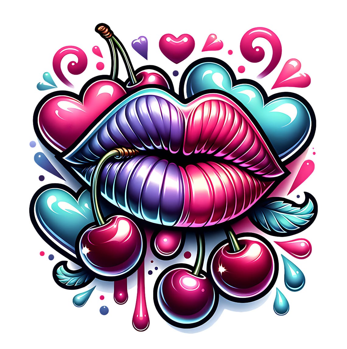 Watercolor Pop Art Lips With Cherries & Hearts PNG | Bold Lip Art ...