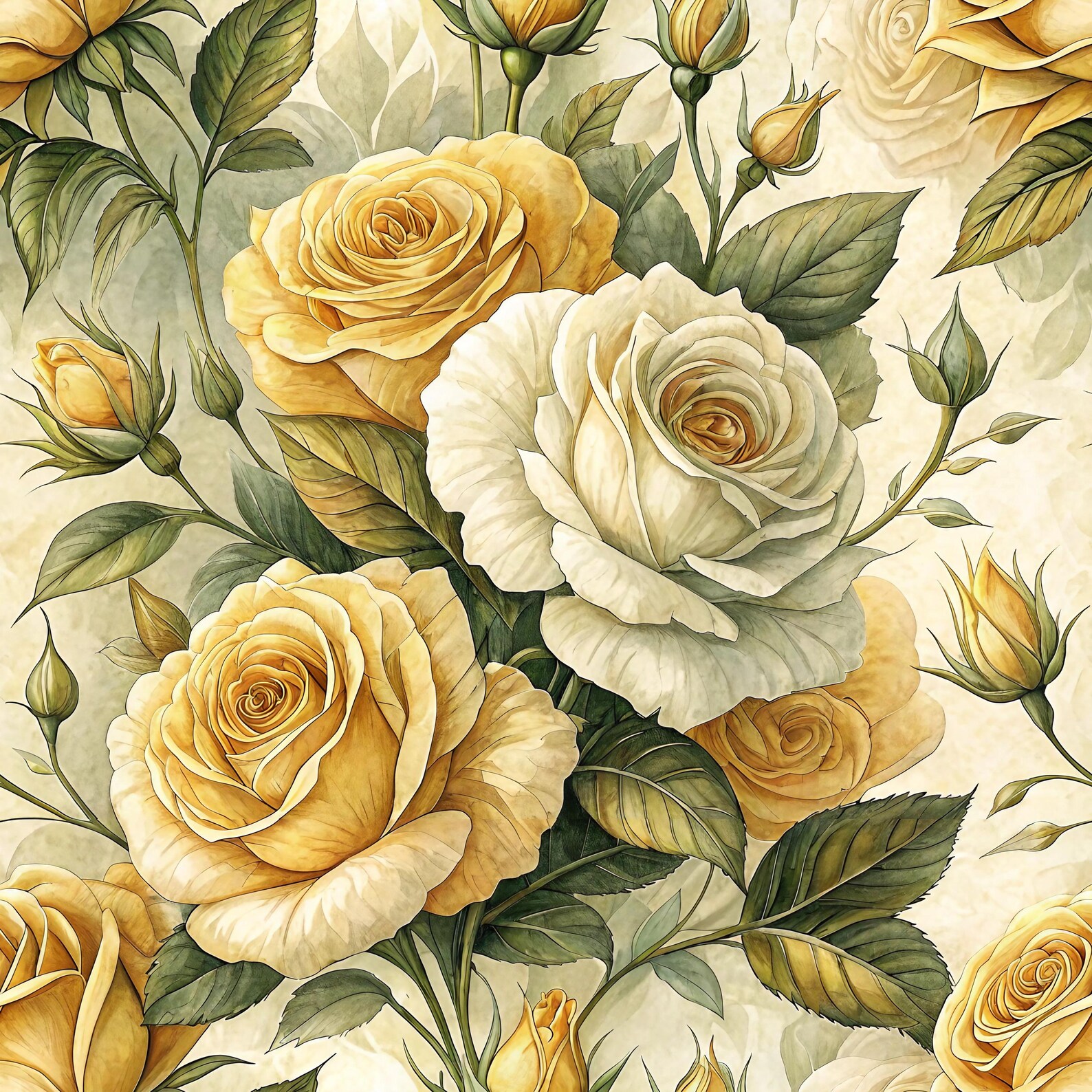 Vintage Yellow and White Roses Seamless Pattern, Floral Digital ...