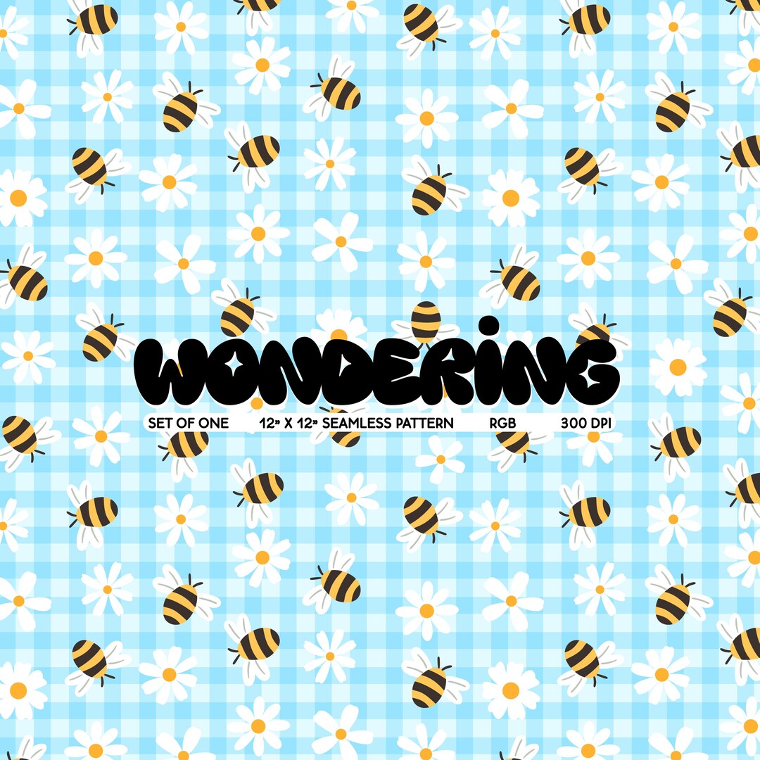 Bees Baby Blue Gingham Seamless Pattern: Retro Coquette Print (digital ...
