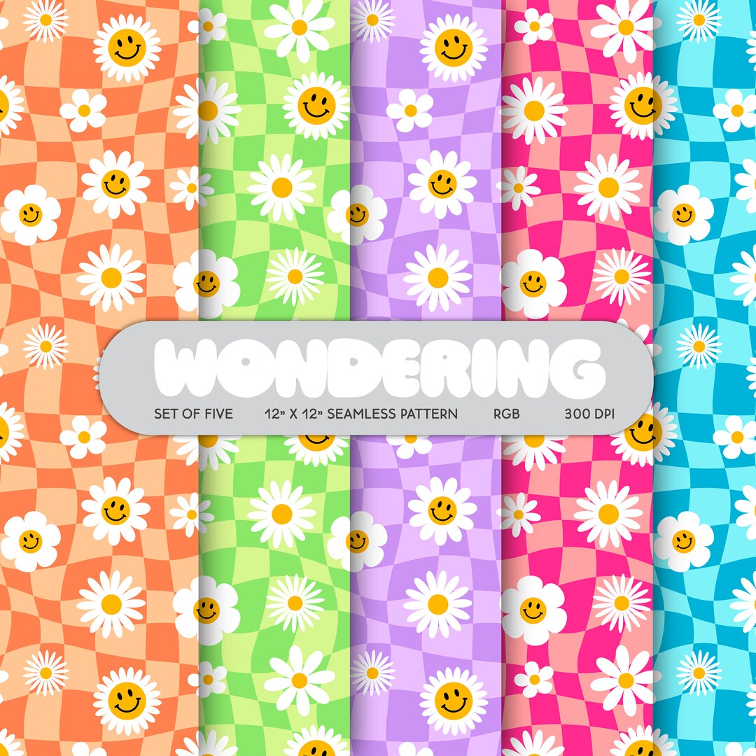 Flower Checkerboard Seamless Pattern: 70s Wavy Print (digital Download ...