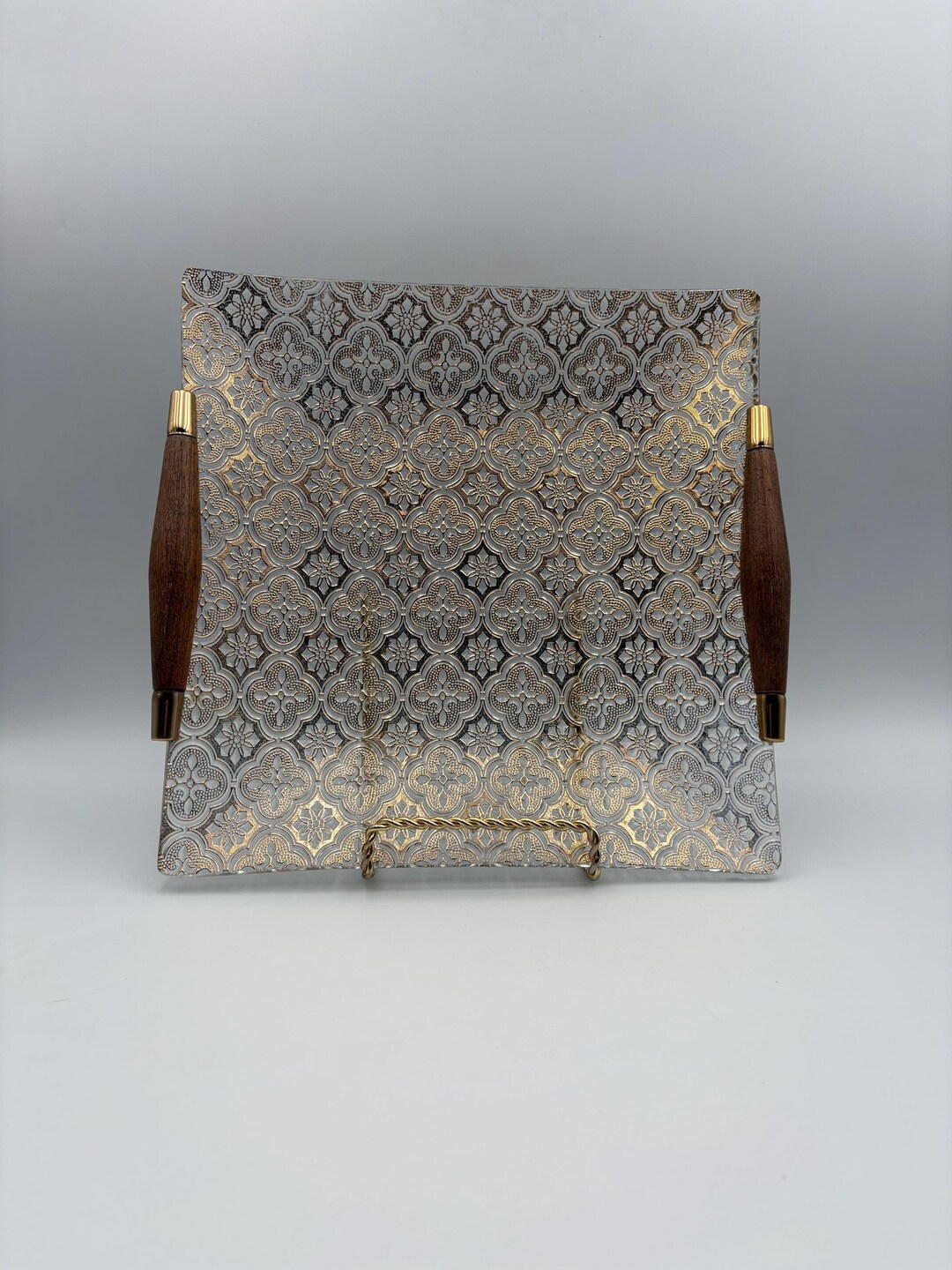 MCM George Briard Art Glass Tray - Gold Iberia Pattern, Walnut & Brass ...