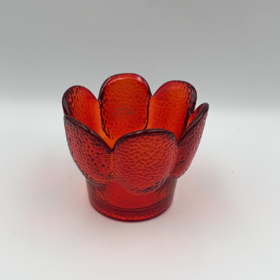 Viking Ruby Red Glass Tulip Votive – 6 Petal Pebbled Candle Holder ...