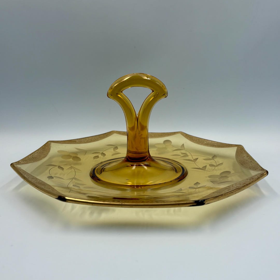 Art Deco Amber Glass Tidbit Tray W/ Handle – Floral Etched Depression ...