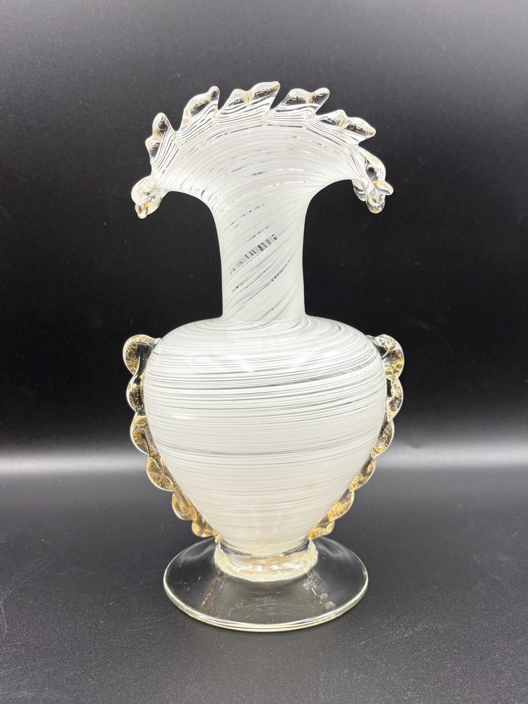 Vintage Murano Baluster Glass Vase – White & Clear Swirl Filigree With ...