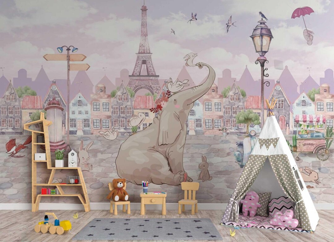 Paris Animal Friends Kids Room Wallpaper Mural: Elephant & Bunny - Etsy