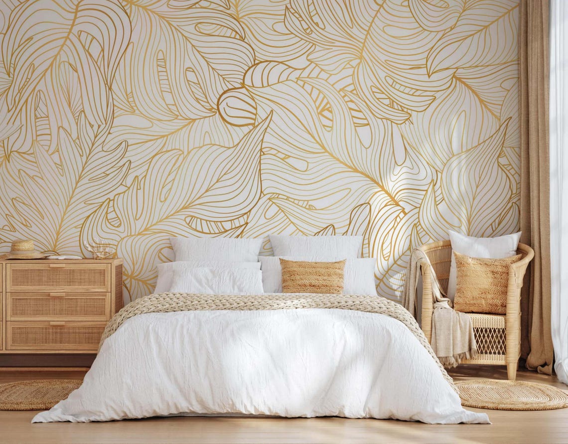 Gold Leaf Line Art Wallpaper: Tropical Botanical Mural - Etsy