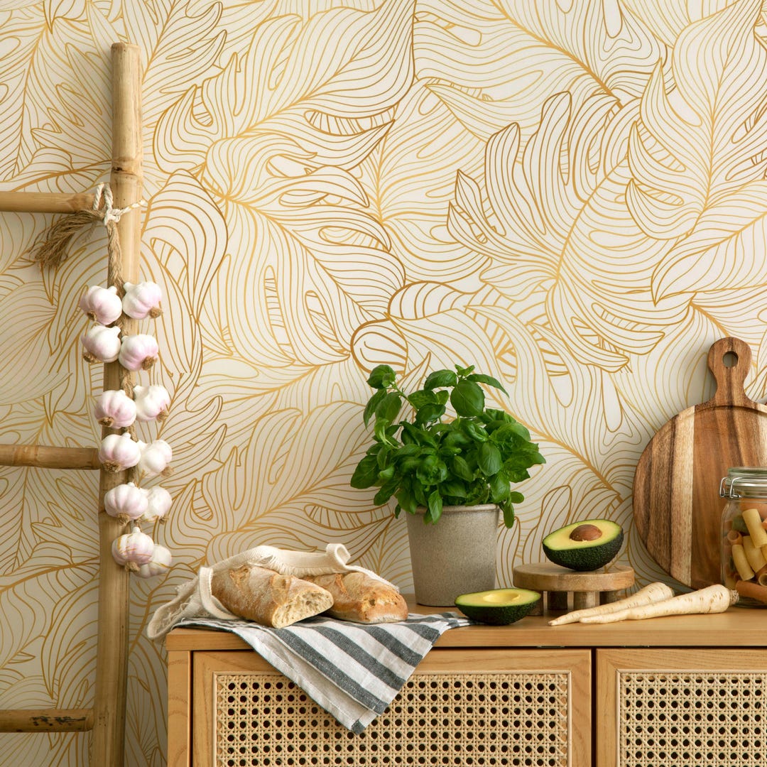 Gold Leaf Line Art Wallpaper – Elegant Botanical Wall Mural, Luxury ...