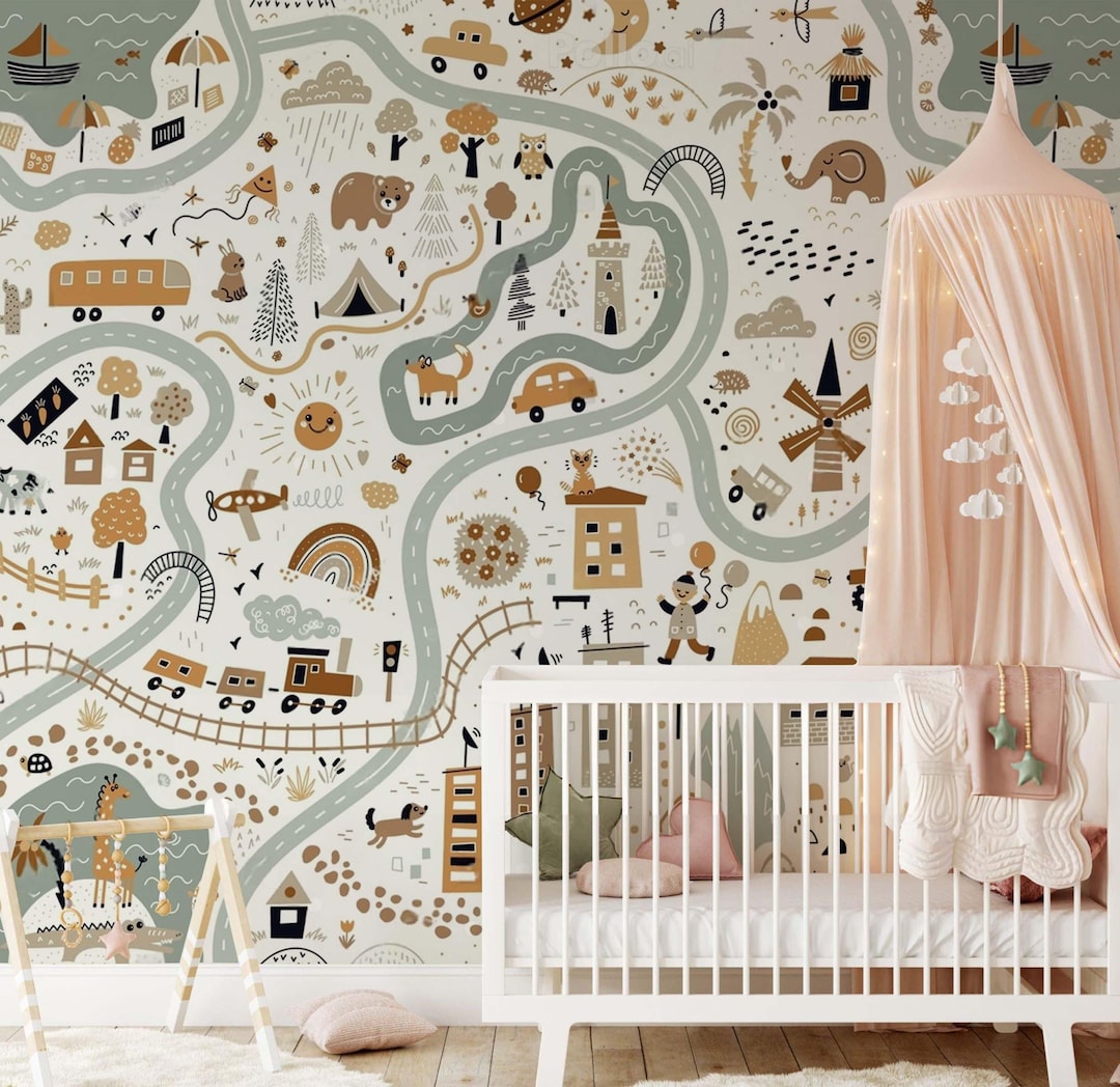 Kids Adventure Map Wallpaper: Whimsical Nursery Playroom Peel and Stick ...