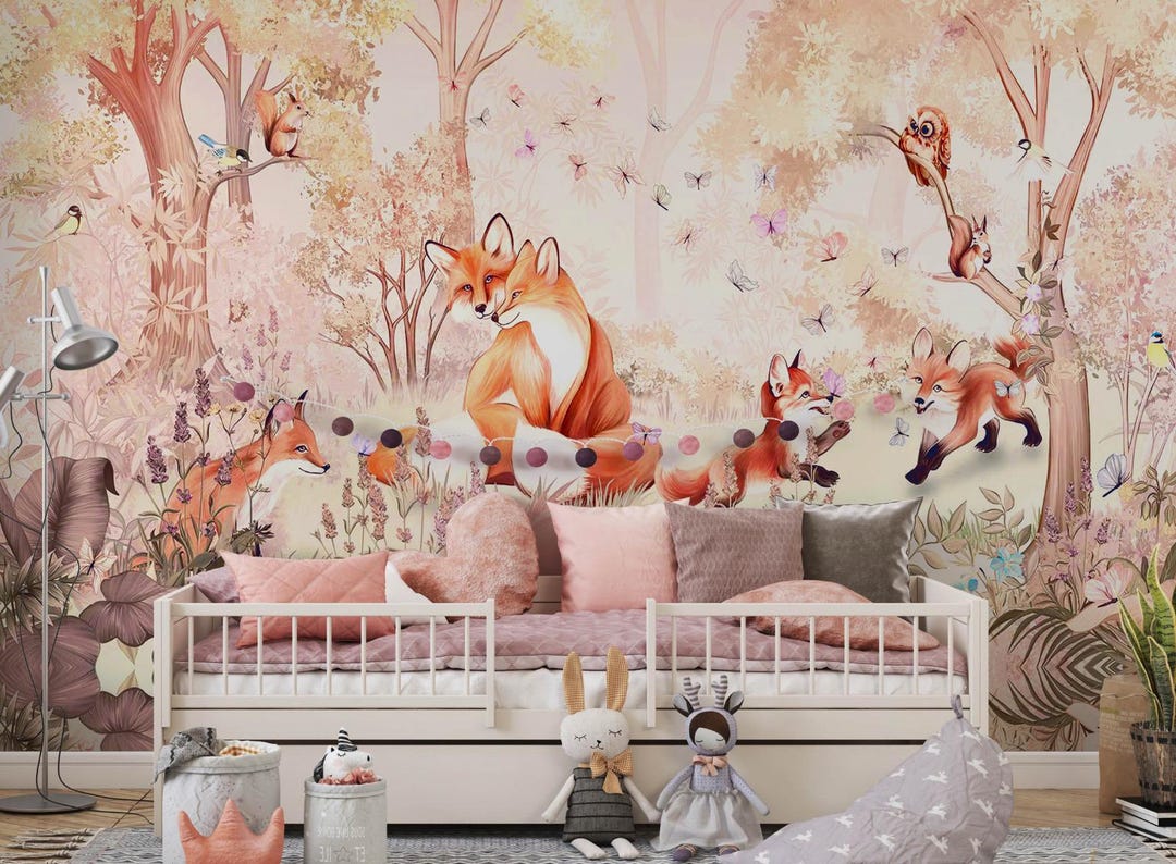 Pink Forest Animals Mural: Watercolor Woodland Wallpaper - Etsy