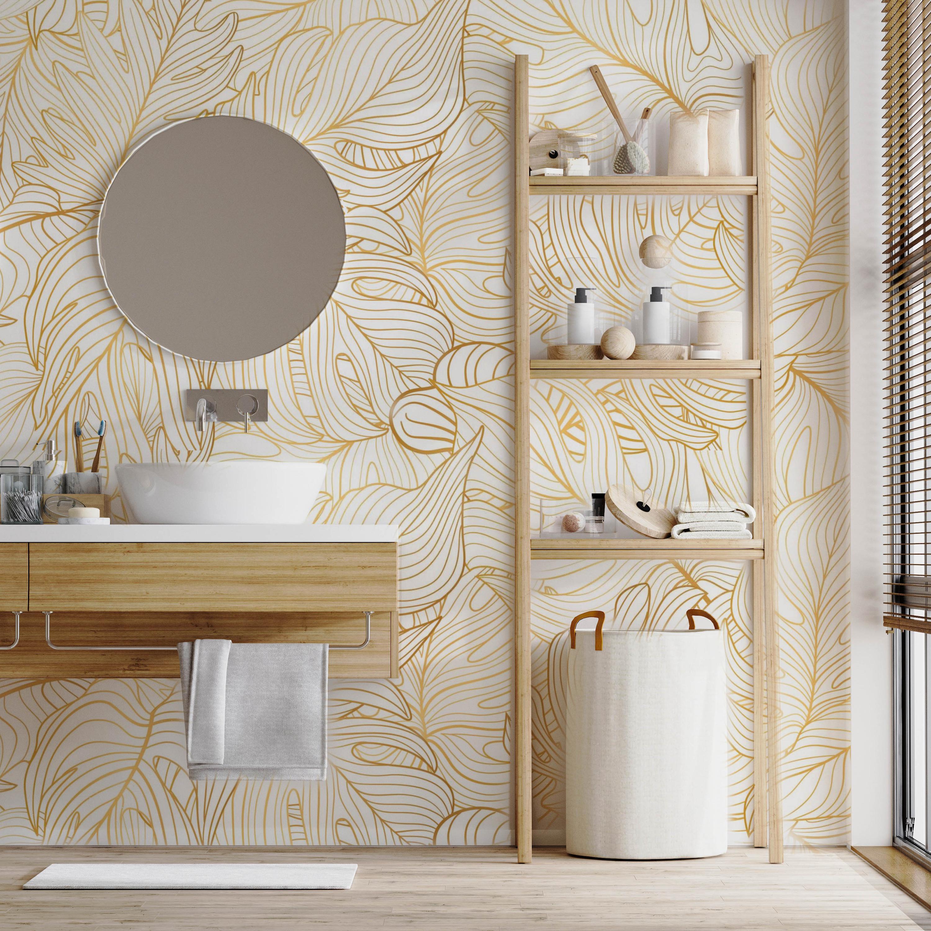 Gold Leaf Line Art Wallpaper: Tropical Botanical Mural - Etsy