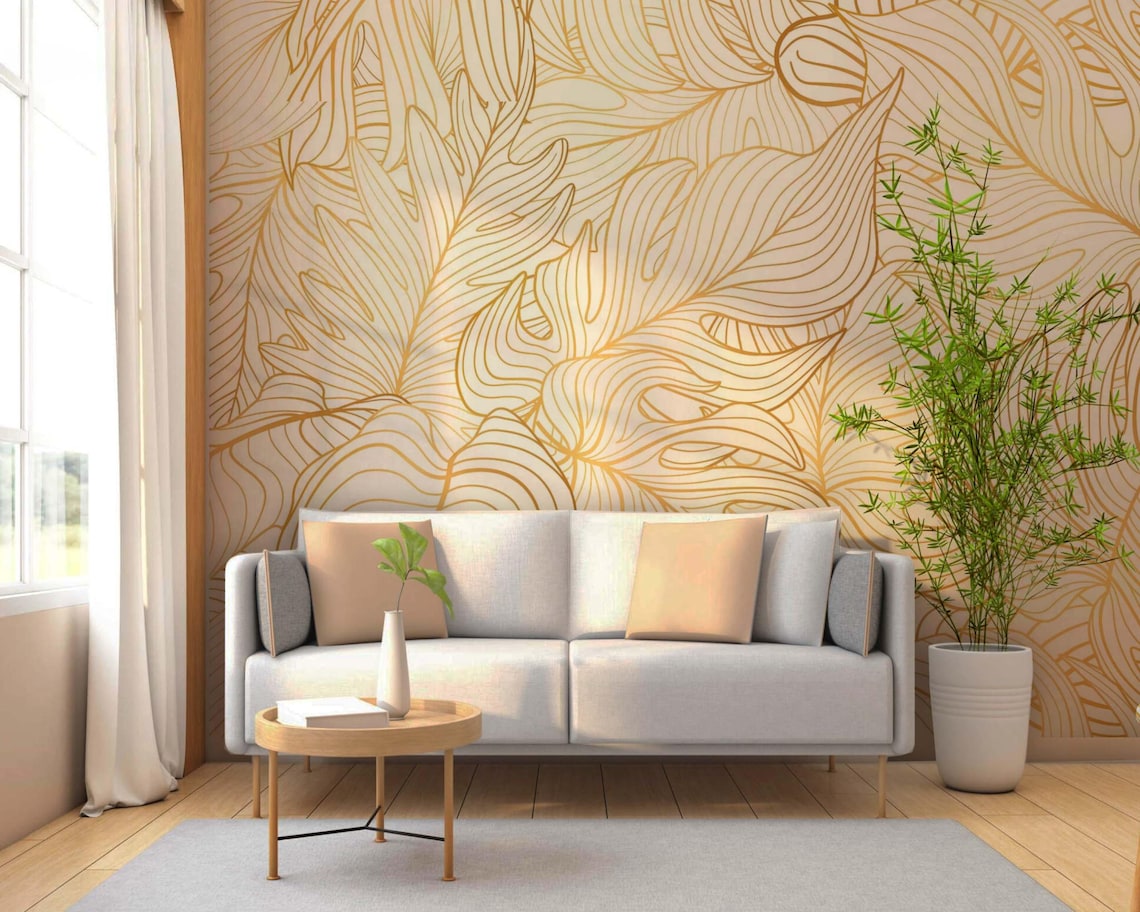 Gold Leaf Line Art Wallpaper: Tropical Botanical Mural - Etsy