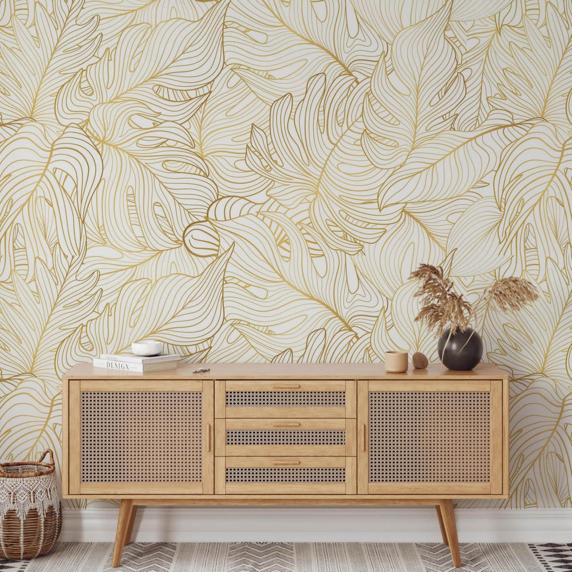 Gold Leaf Line Art Wallpaper: Tropical Botanical Mural - Etsy