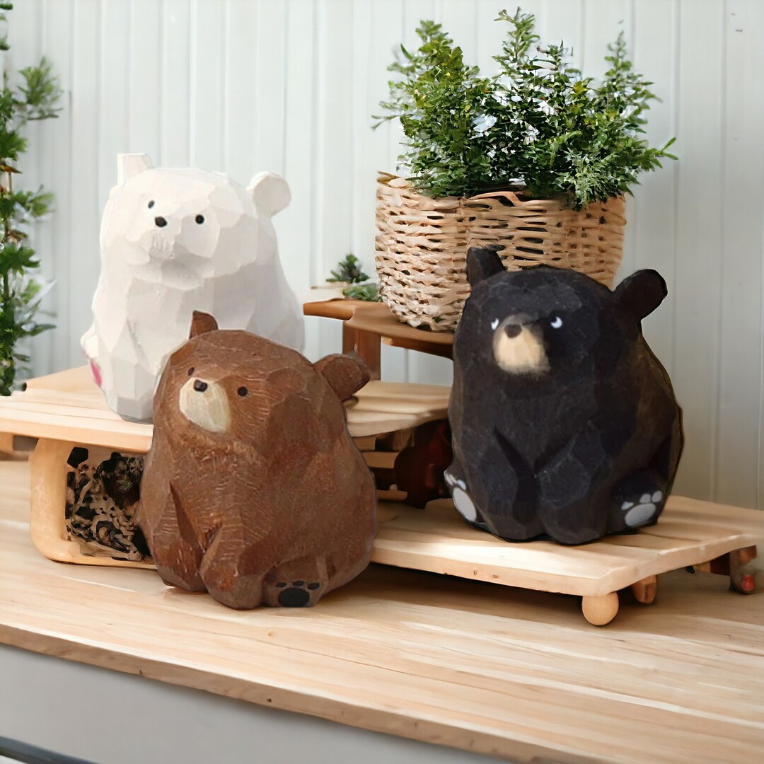 Cute Mini Wooden Bear Statue, Solid Wood Hand Carved Bear, Figurines ...
