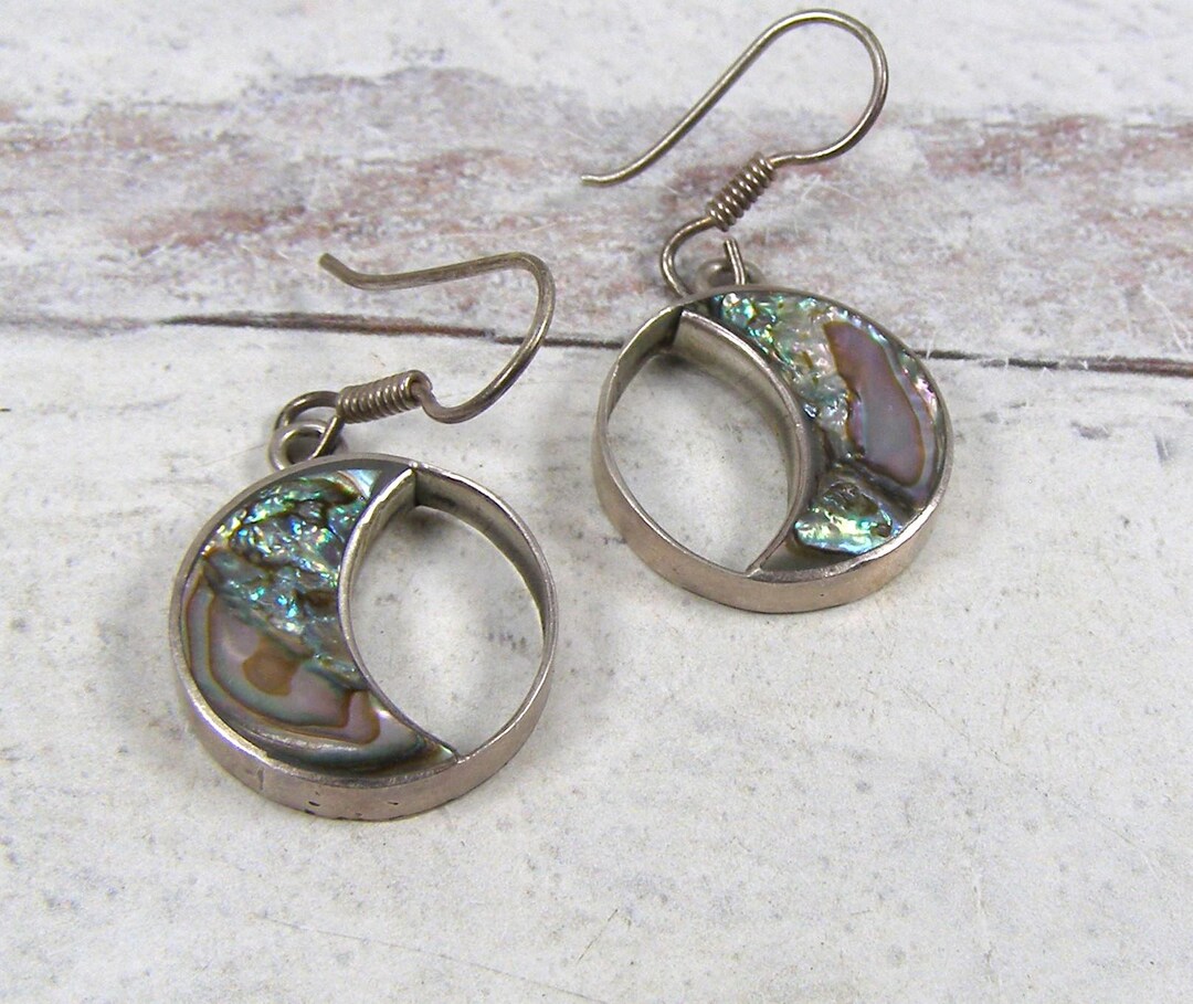Vintage Sterling Silver Abalone Shell Crescent Moon Dangle Earrings - Etsy