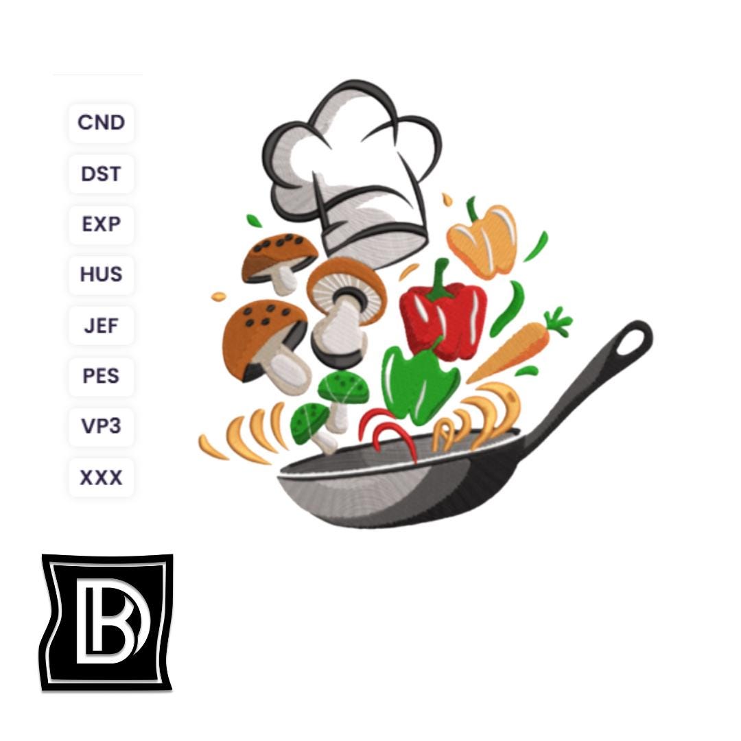 Chef Hat & Vegetables Embroidery Design: Kitchen Sauté Style (instant ...