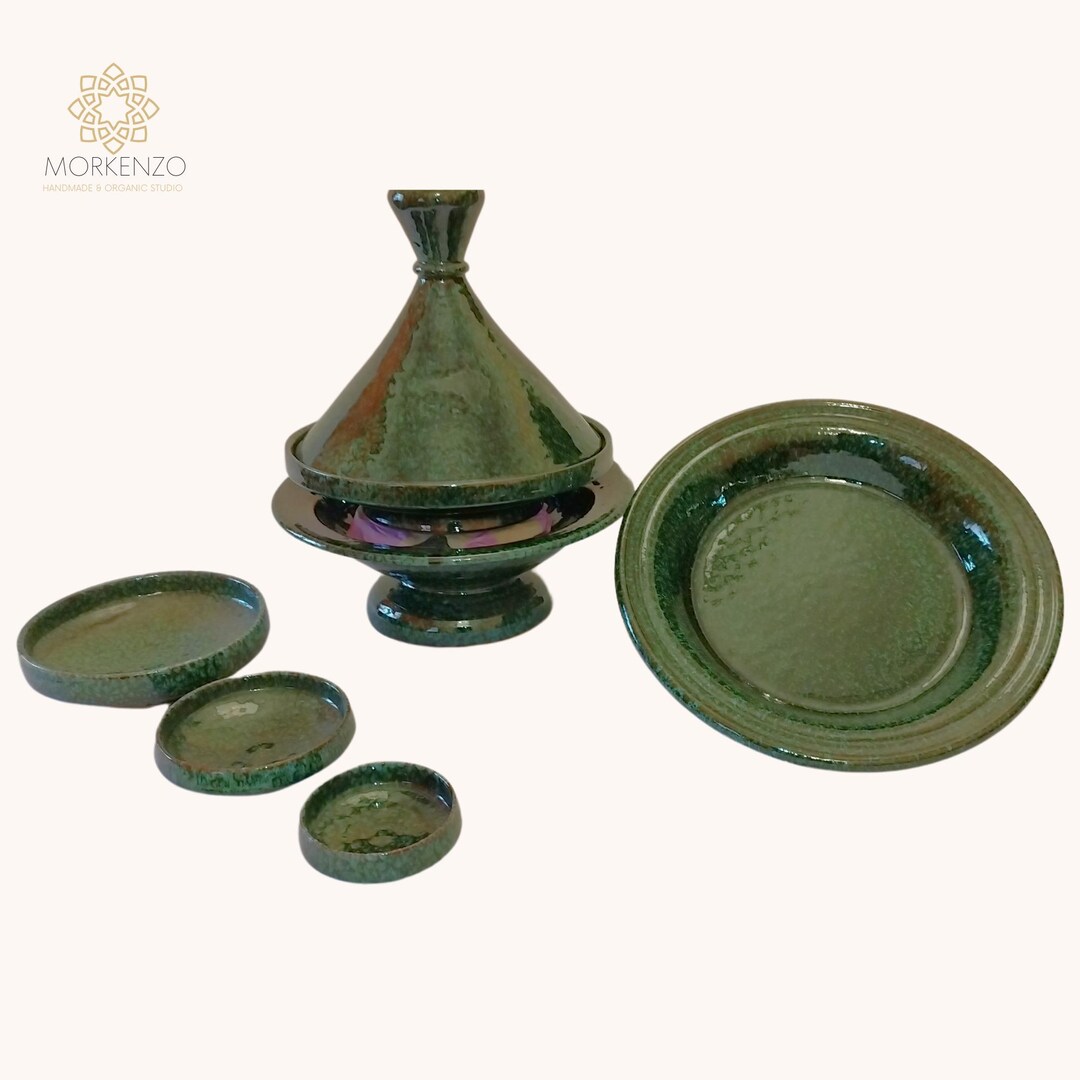 Hand-painted Moroccan Green Ceramic Tagine Set With: Tagine, 3 Plates ...
