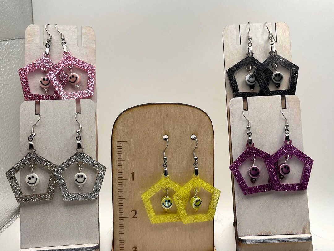 Acrylic Pentagon Shape W/smiley Face Bead Pierced Earrings - Etsy