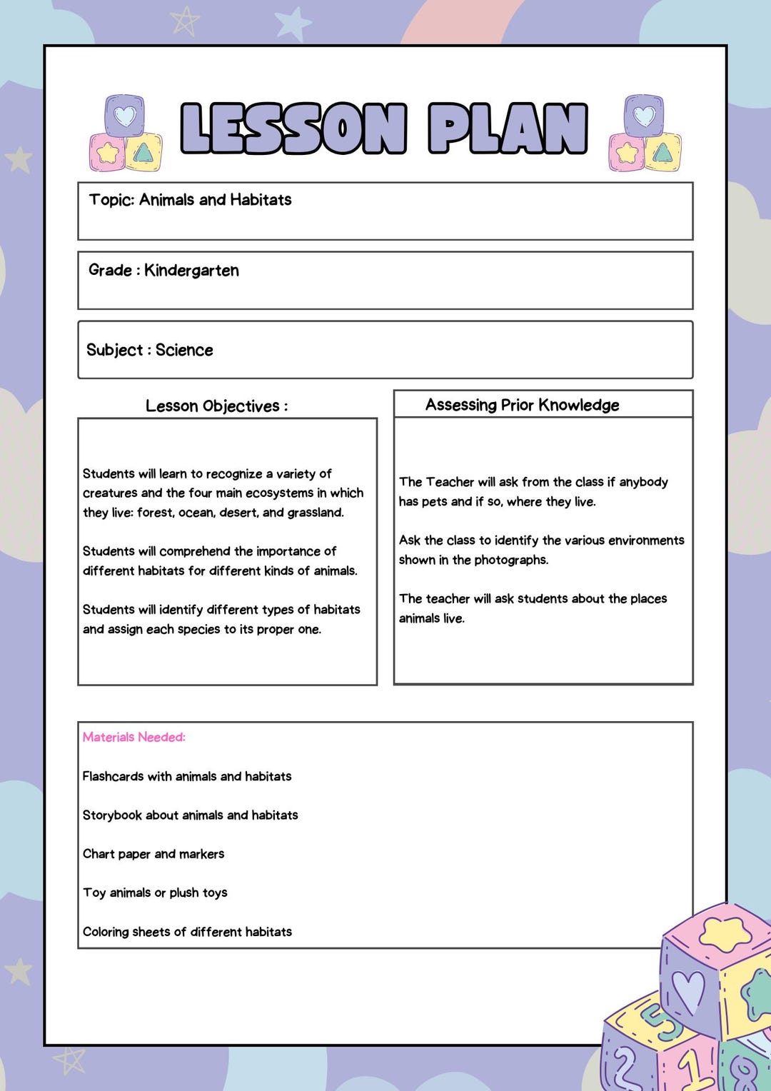 Kindergarten Lesson Plan Animal and Habitat Instant Download Homeschool ...