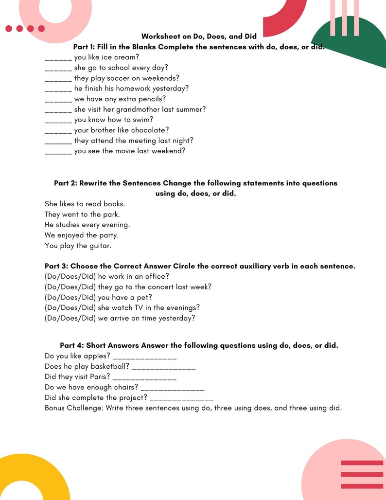 Grade 2 Auxiliary Verbs: Do, Does, Did Lesson Plan Instant Download - Etsy