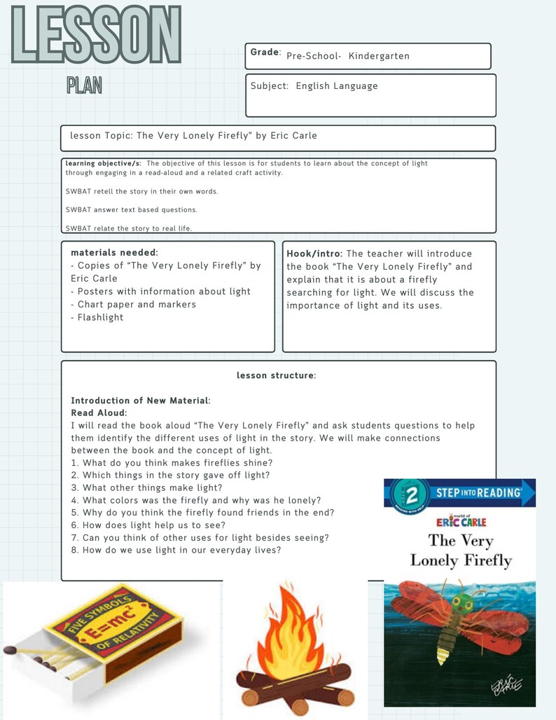 The Very Lonely Firefly Lesson Plan | Printable |teaching Resource ...