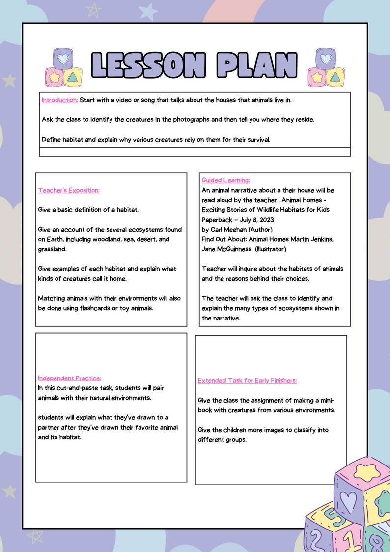 Kindergarten Lesson Plan Animal and Habitat Instant Download Homeschool ...