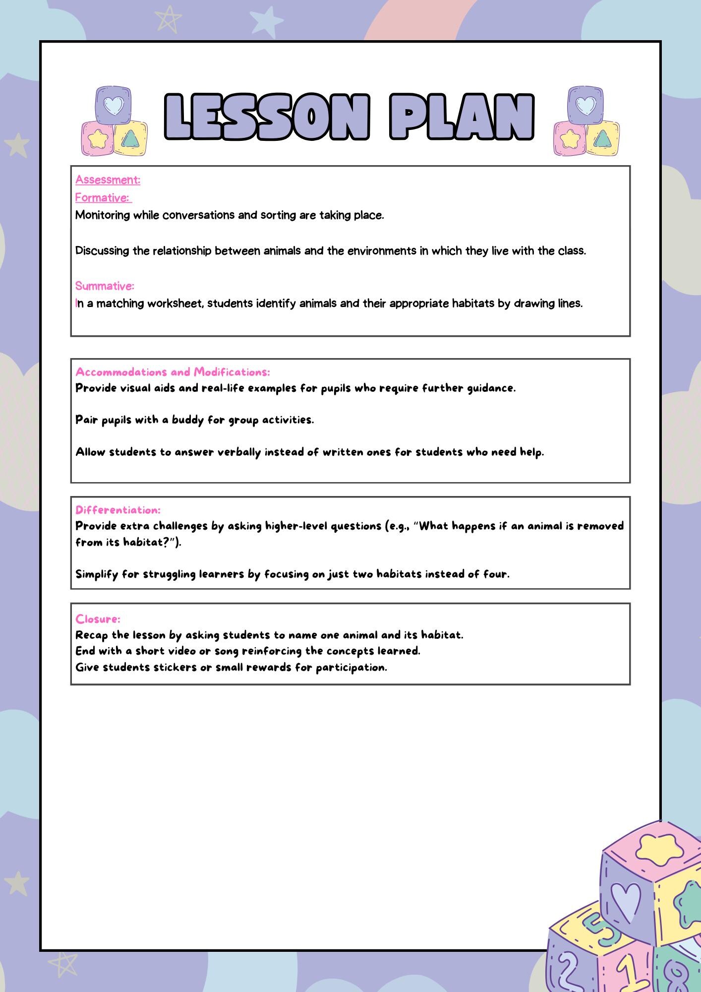 Kindergarten Lesson Plan Animal and Habitat - Etsy