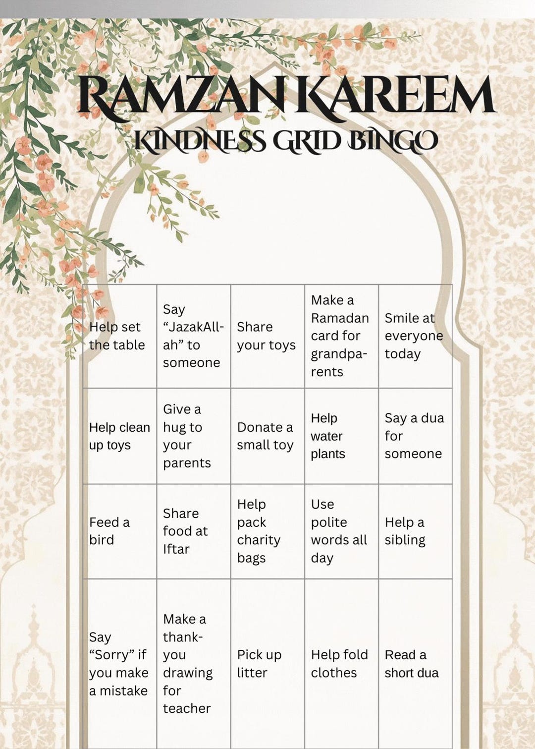 Ramadan Kindness Bingo Game | Islamic Children Activity (instant ...