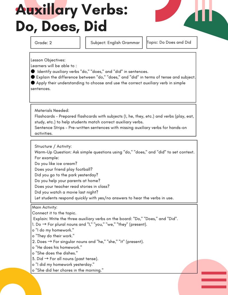 Grade 2 Auxiliary Verbs: Do, Does, Did Lesson Plan Instant Download - Etsy