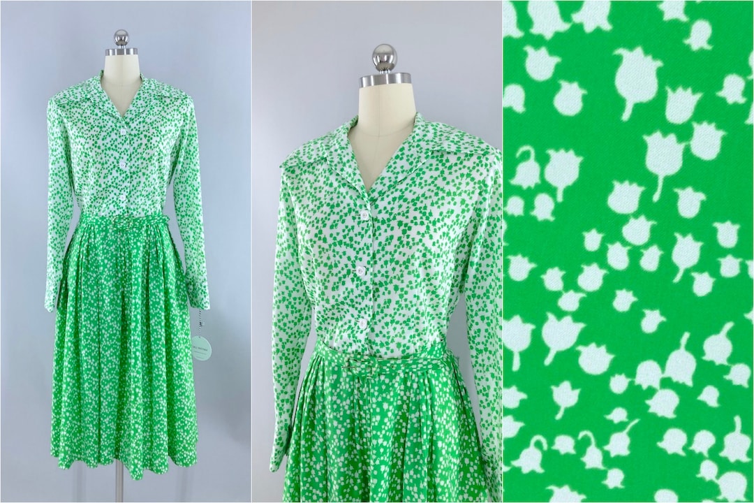 Vintage Preppy Dress, Green & White Tulips Floral Print, 1970s 70s ...