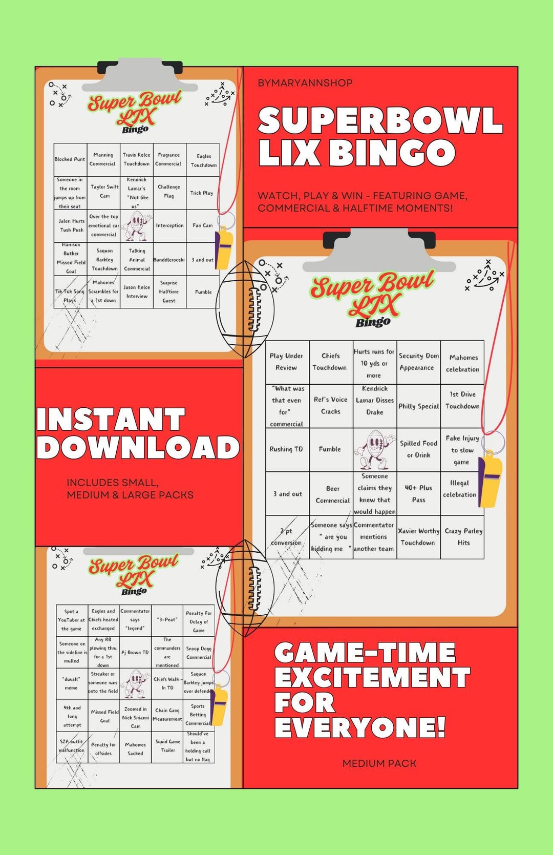 Super Bowl LIX Bingo Cards Medium Pack - Etsy