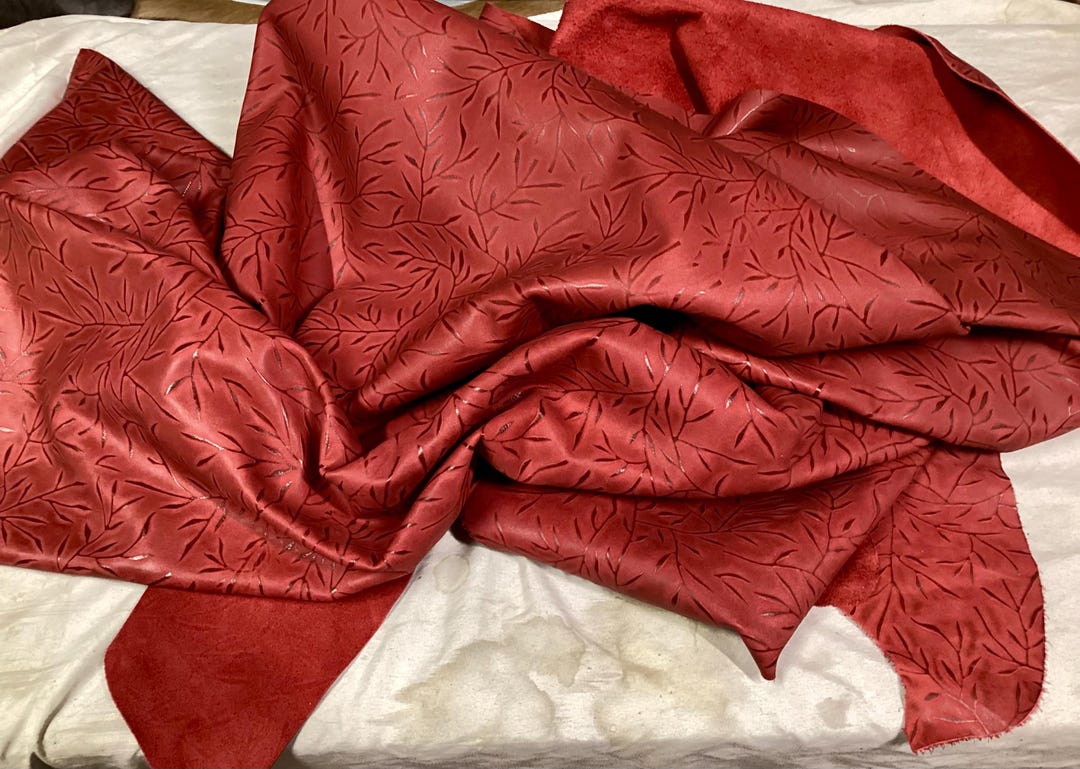 Ruby Red Embossed Branches Leather Cowhide Remnants. Leather Hides ...