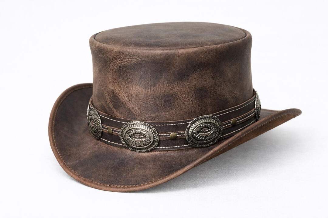 Handmade Steampunk Top Hat – Brown Leather Hat With Vintage Concho Band ...