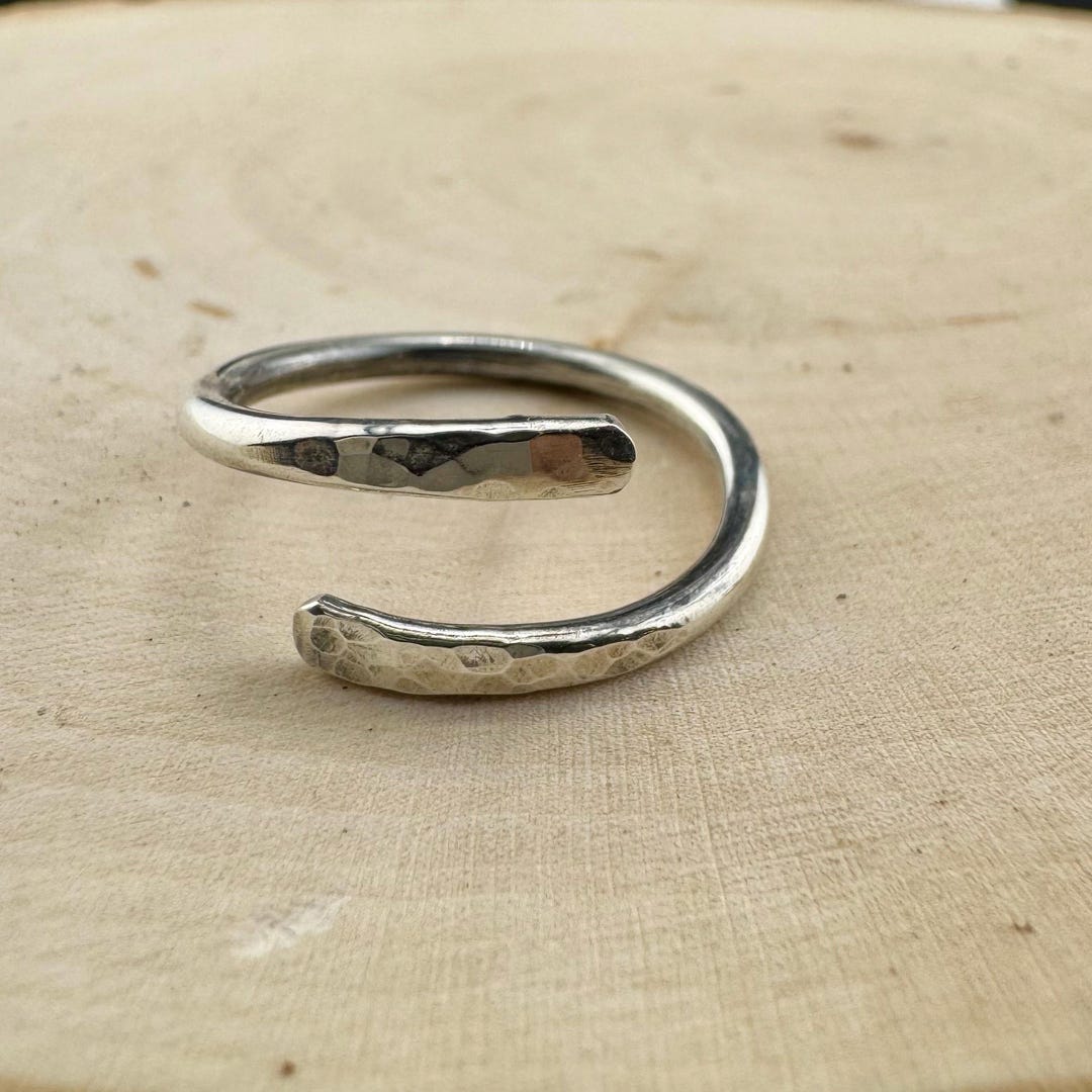 Sterling Silver Bypass Wrap Ring • Hammered Open Band • Adjustable ...
