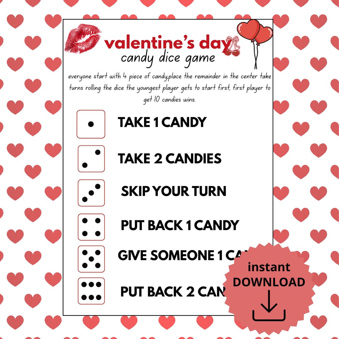 Valentine's Day Candy Dice Game | Printable Party Game (digital ...